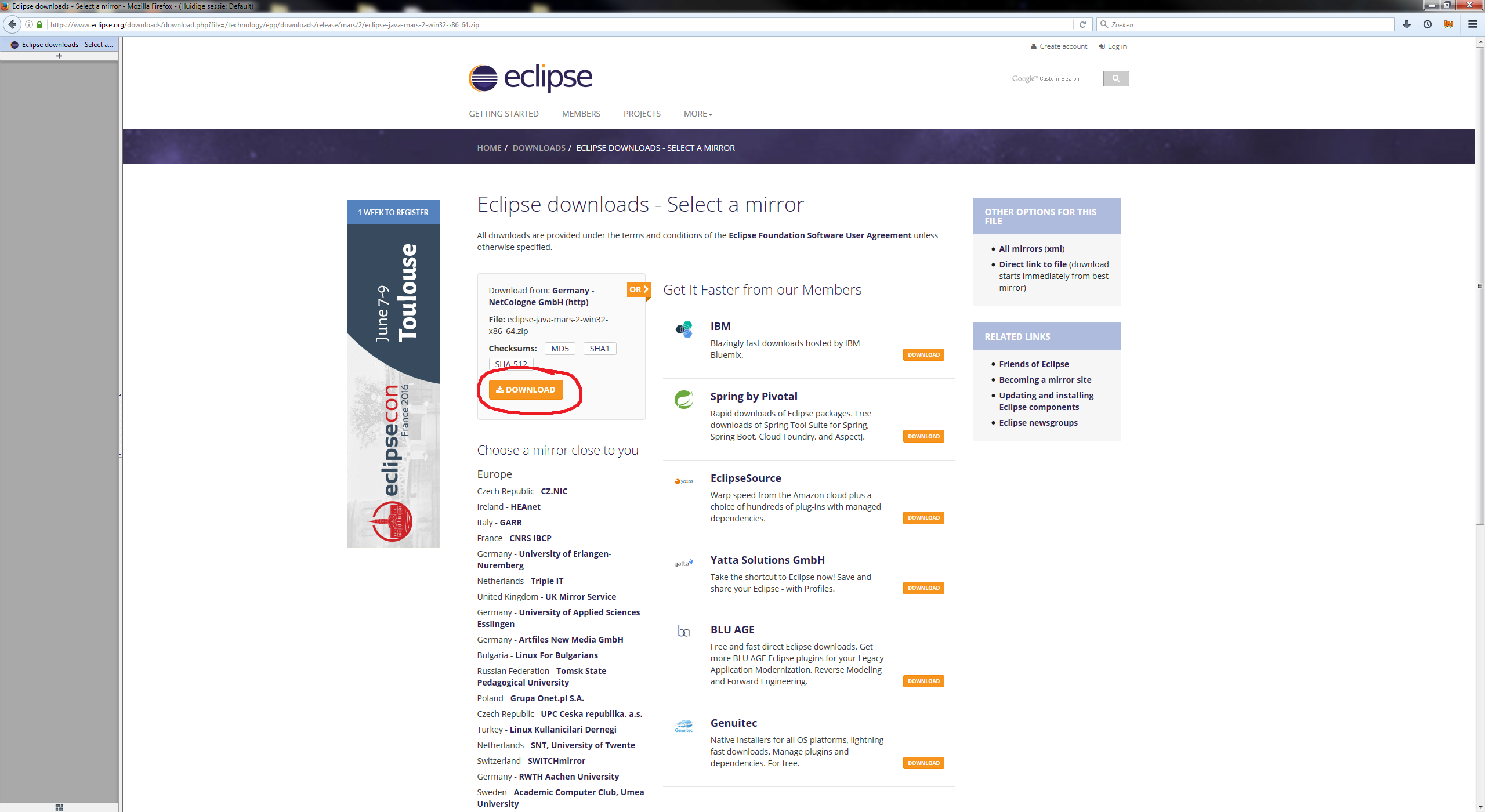 Press the big download button and start downloading Eclipse.