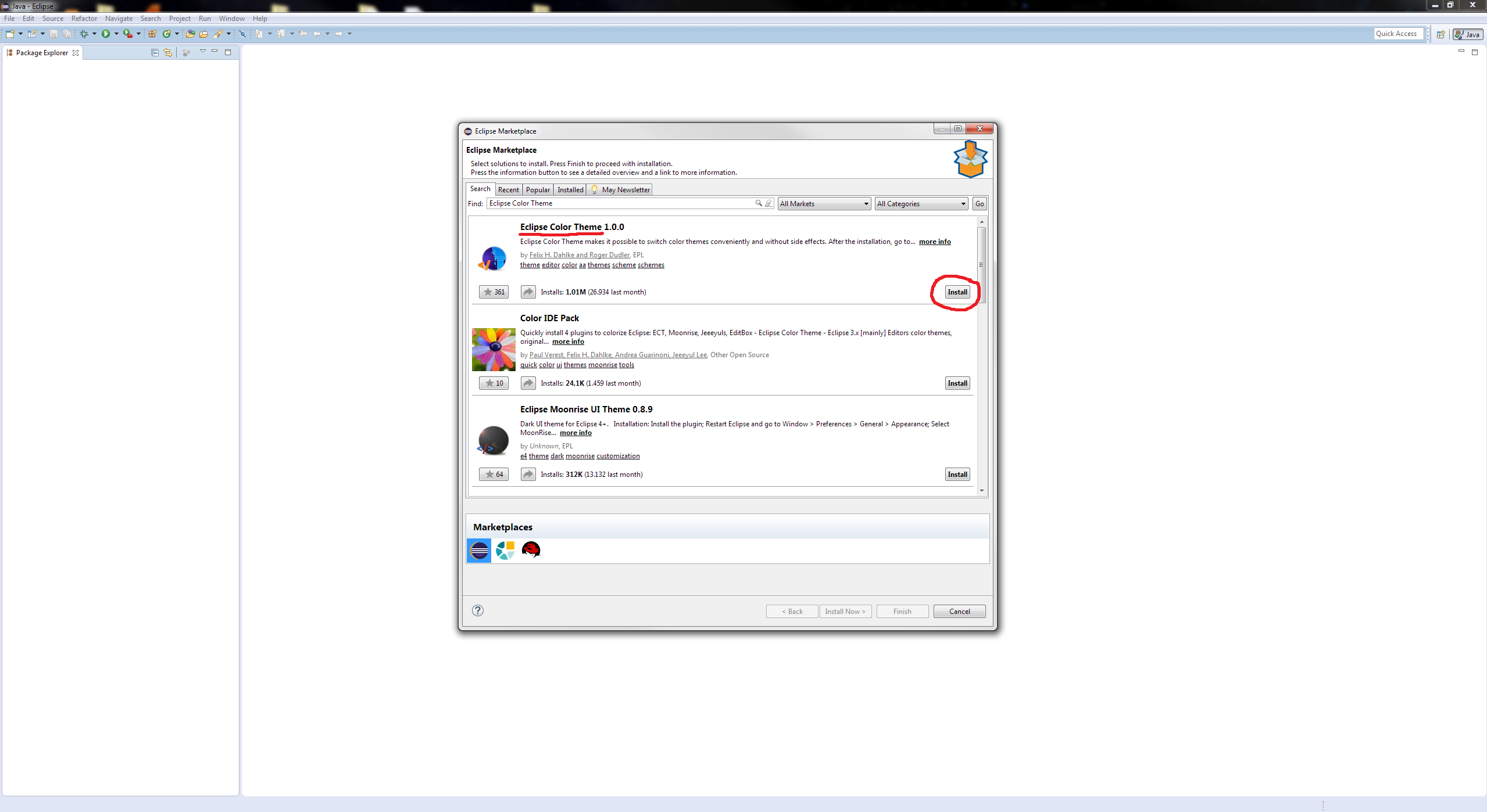 Look for "Eclipse Color Theme" and press [Install].