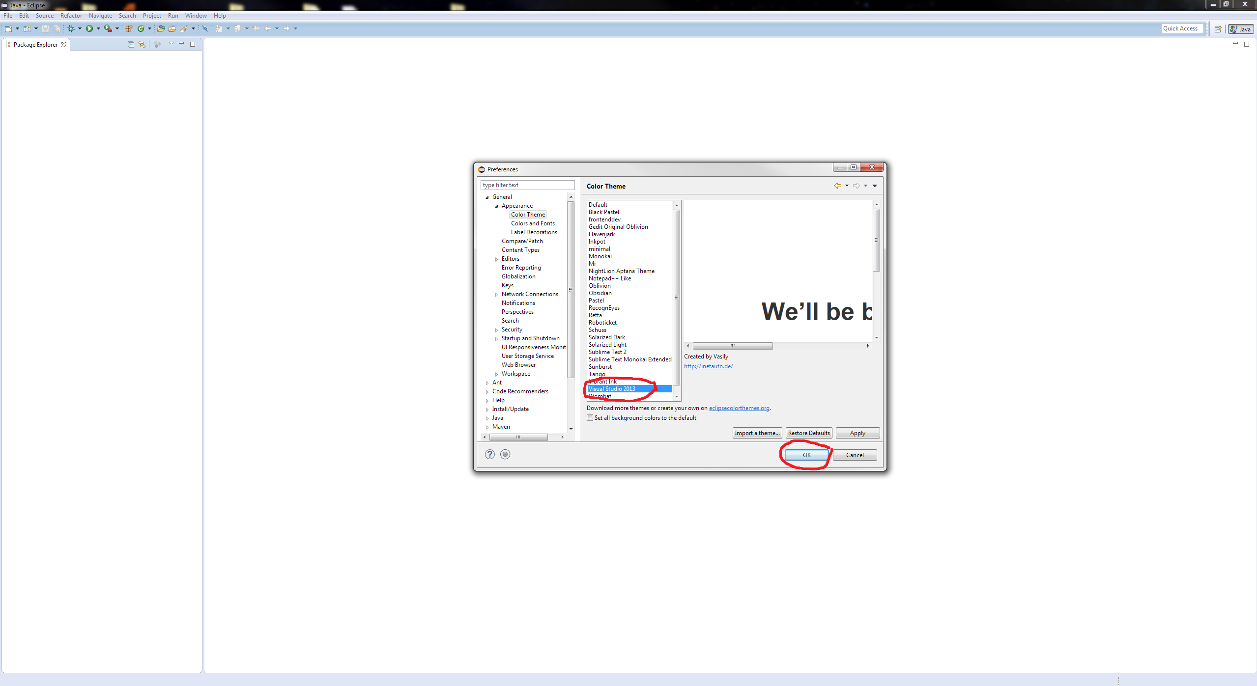 After importing the theme, select [Visual Studio 2013] and press [OK].