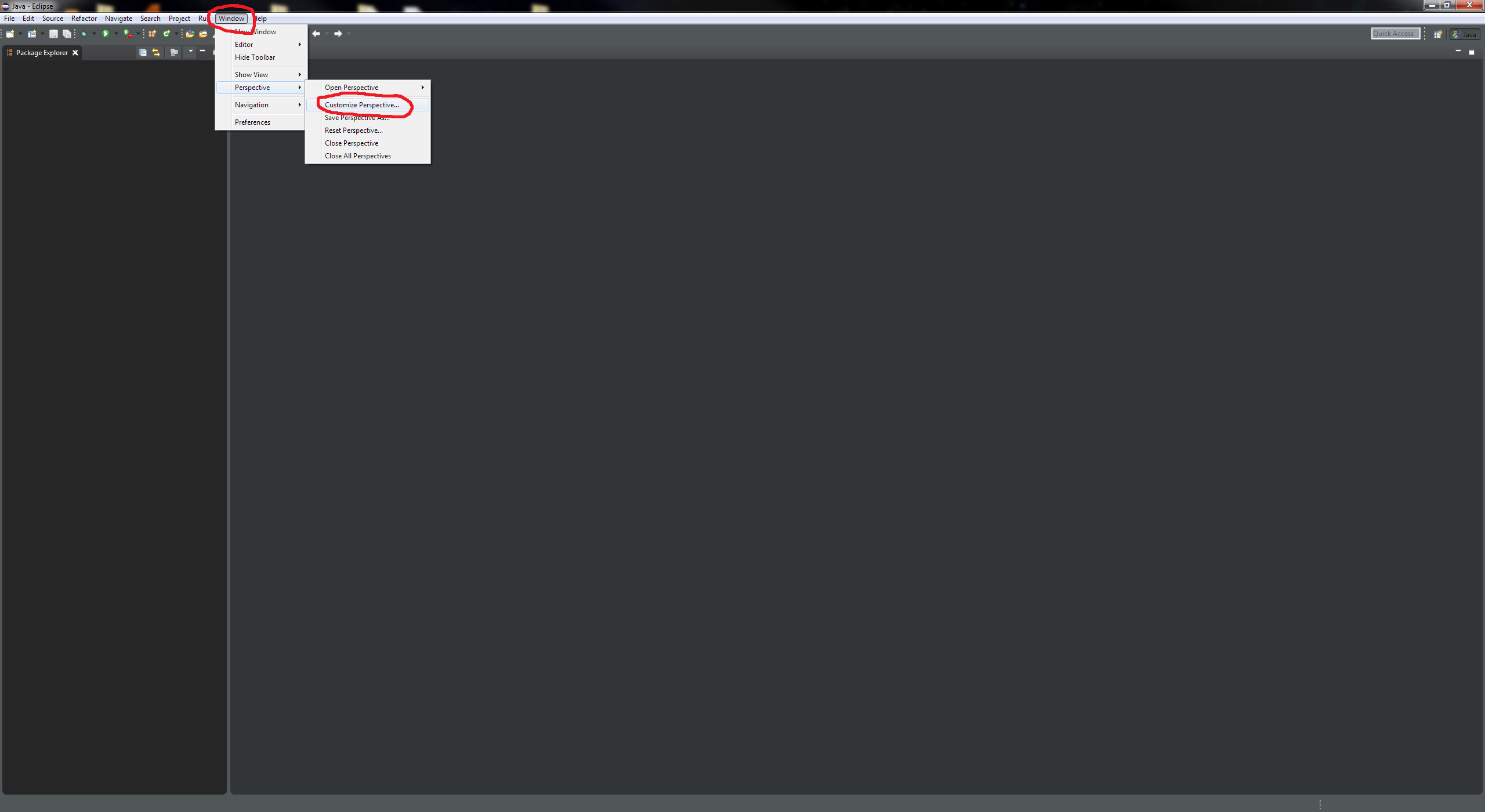 Press [Window] and press [Customize Perspective...].