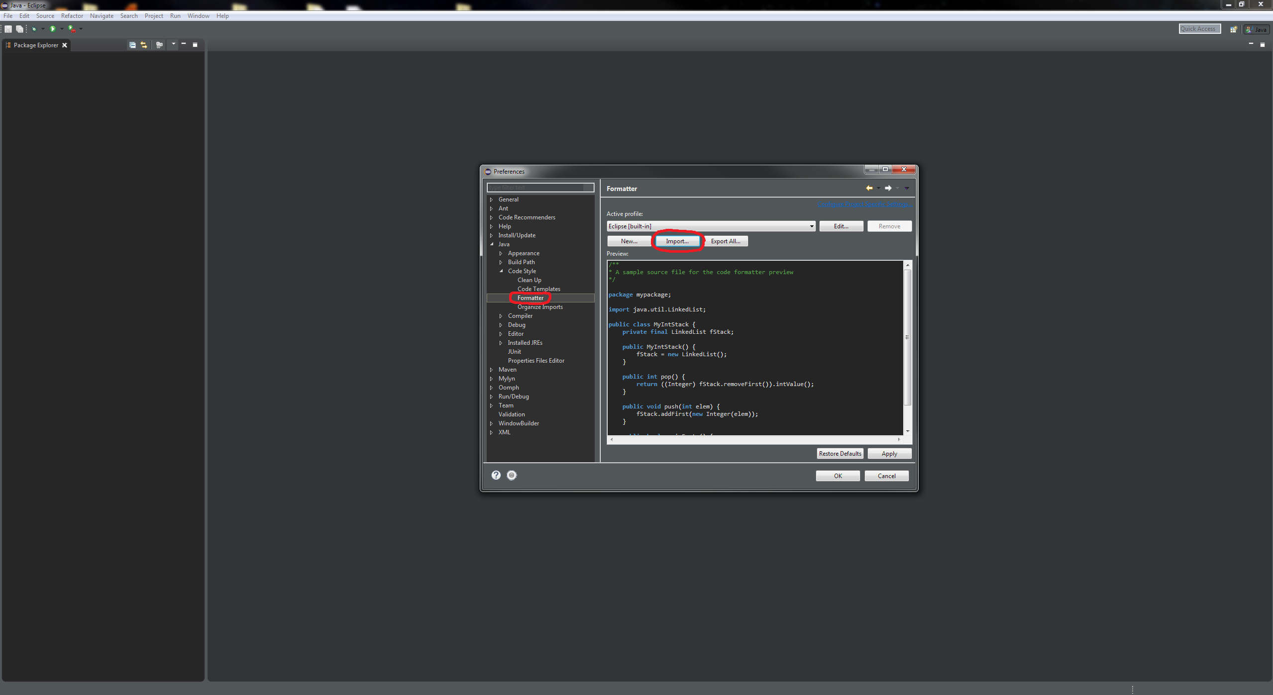 Press [Java > Code Style > Formatter] and press [Import].