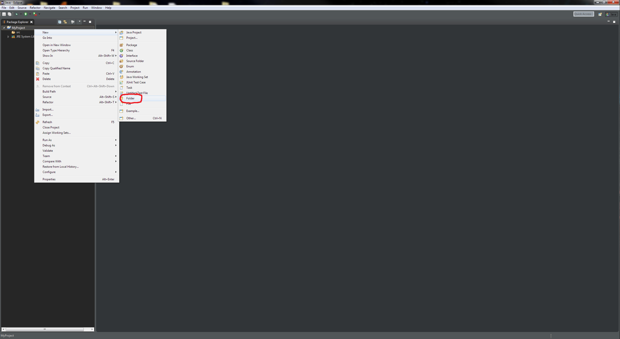 [Right-click] your project and press [New > Folder].