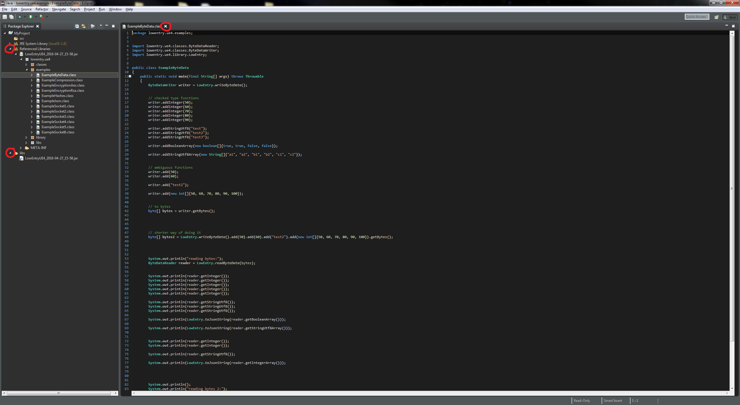 Close the opened example file and fold both the "libs" folder and the ...