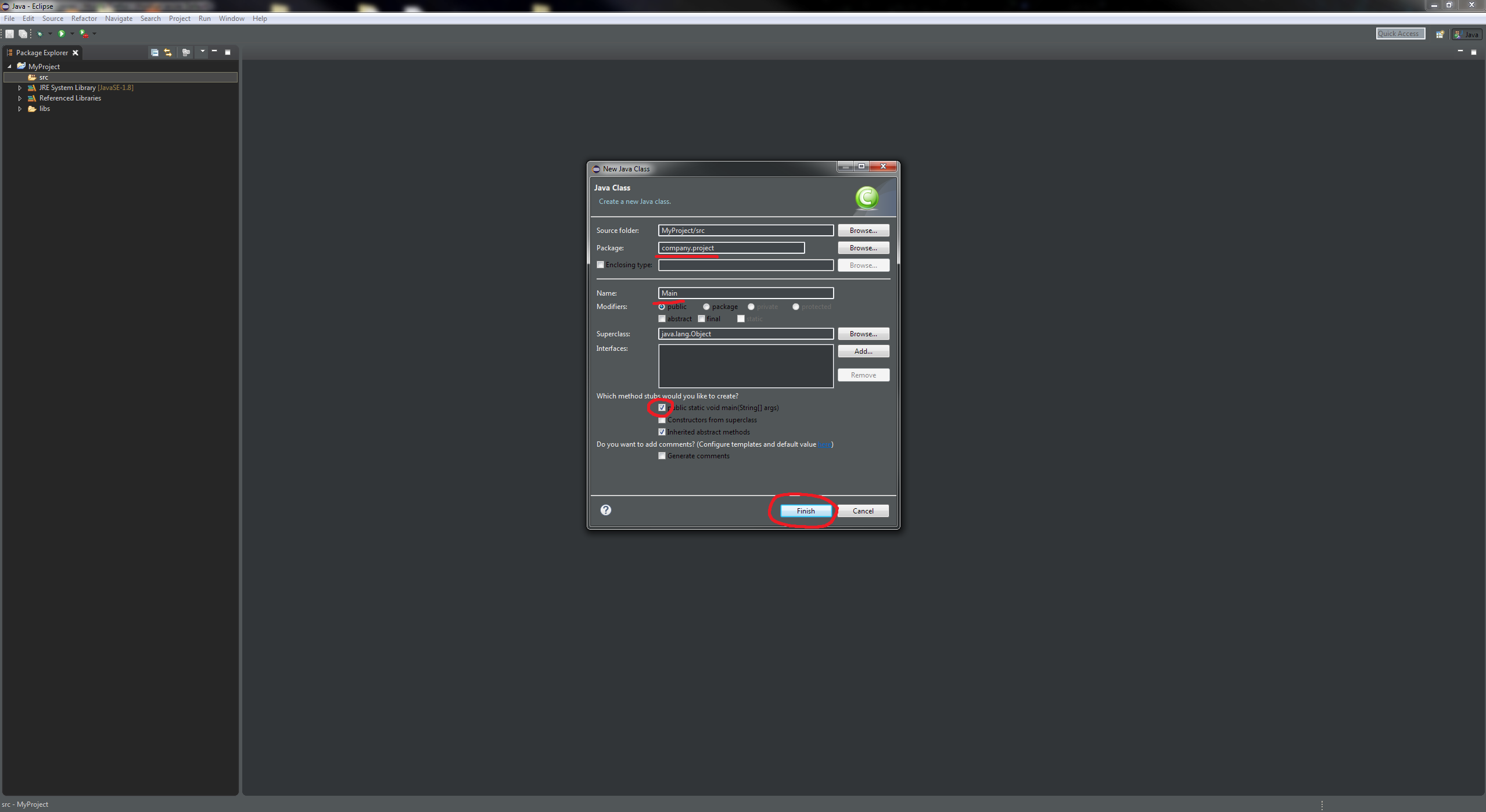 Typ in a package name (for example: "company.project"), type in a class ...
