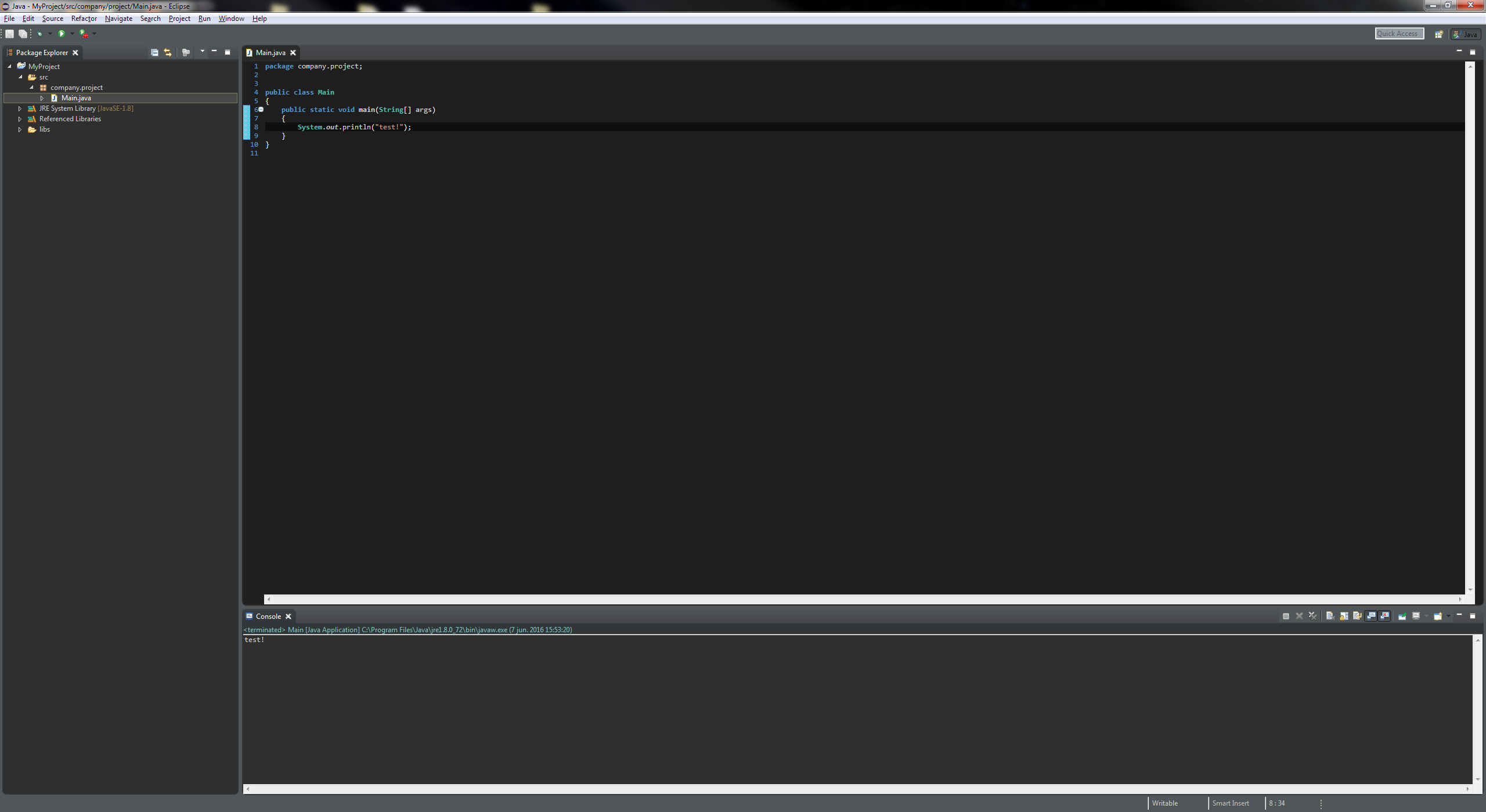 You should now see a console with the text "test!".